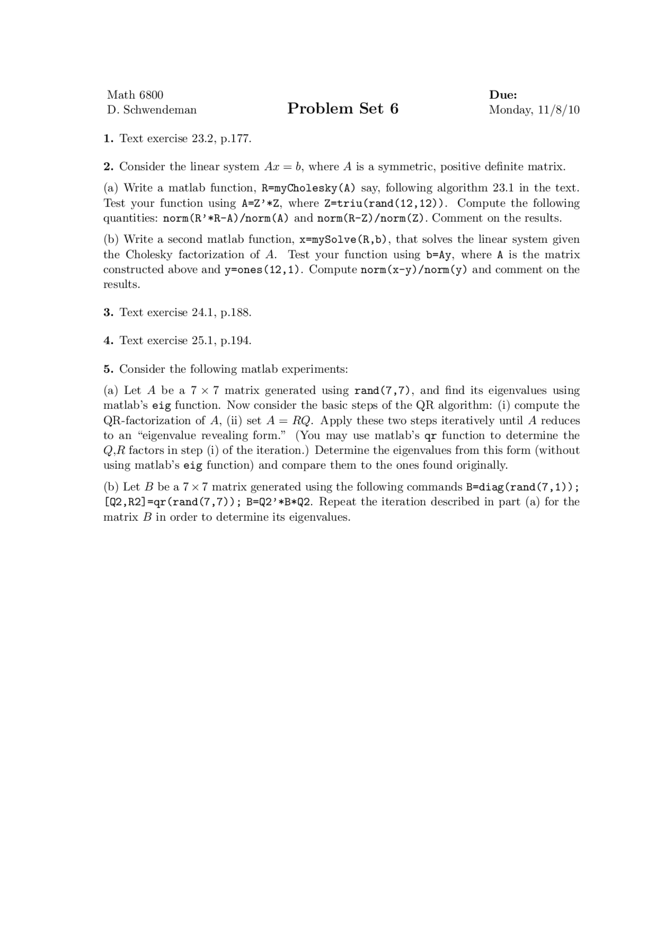 Computational Linear Algebra Solution Manual For Problem Set 6 Math