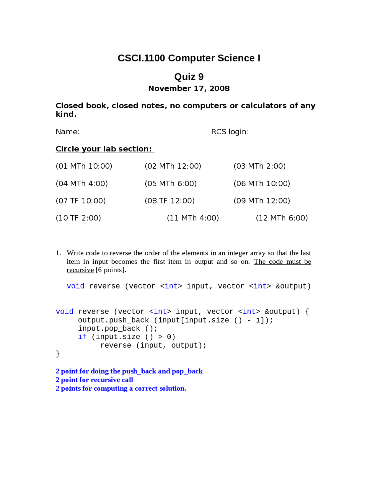 Problems With Solutions Computer Science I Quiz 9 Csci 1100 Docsity