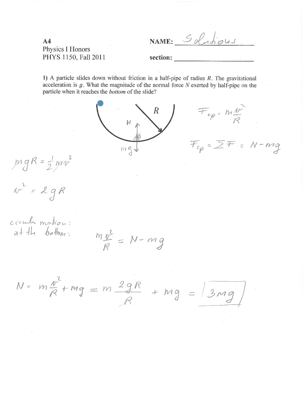 Quiz #4 with Solutions - Physics I Honors | PHYS 1150 - Docsity