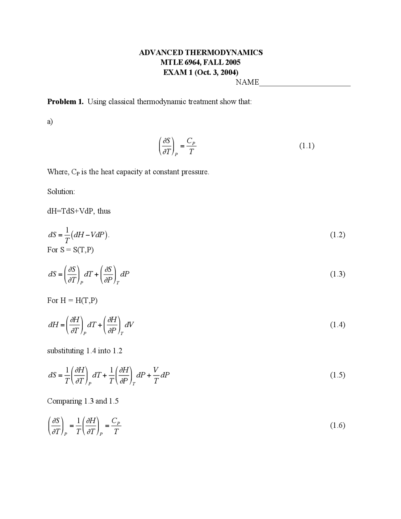 4 Solved Problems On Advanced Thermodynamics Old Exam 1 Mtle 6030