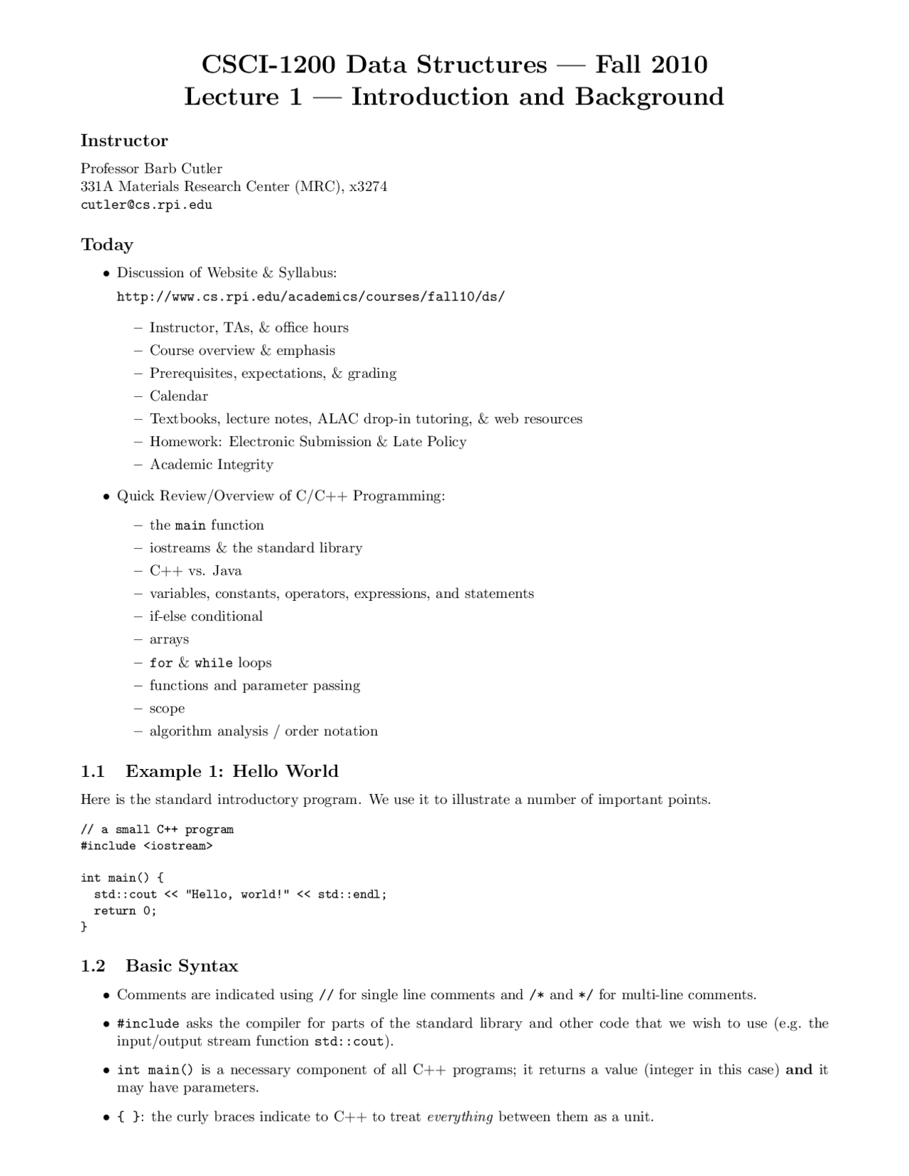 Introduction and Background of Data Structure | CSCI 1200 - Docsity