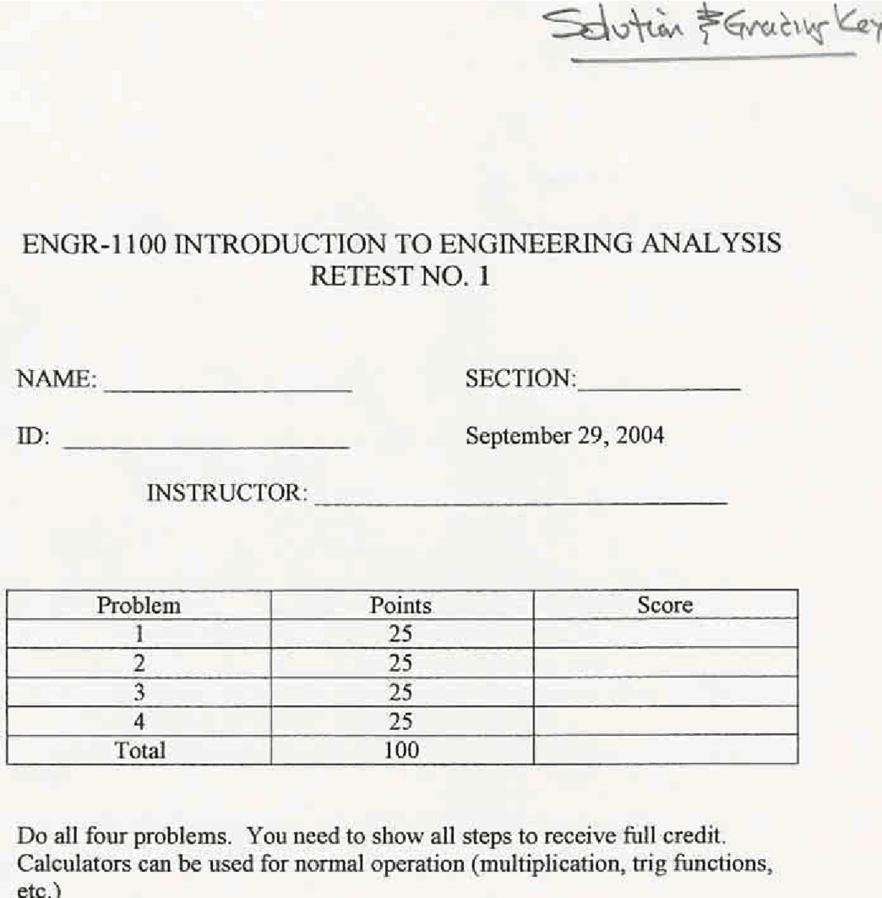 Solved Problems Of Introduction To Engineering Analysis Exam 1 Engr