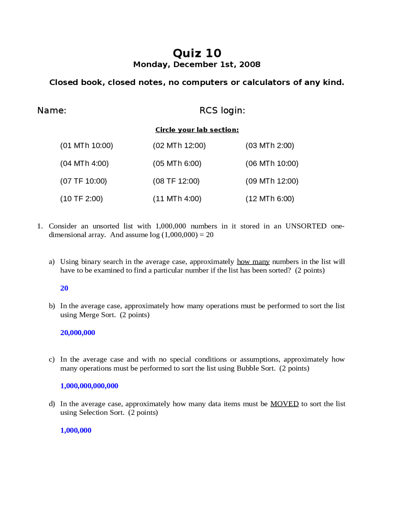 Quiz 10: Algorithm Performance and Sorting Techniques | Quizzes ...