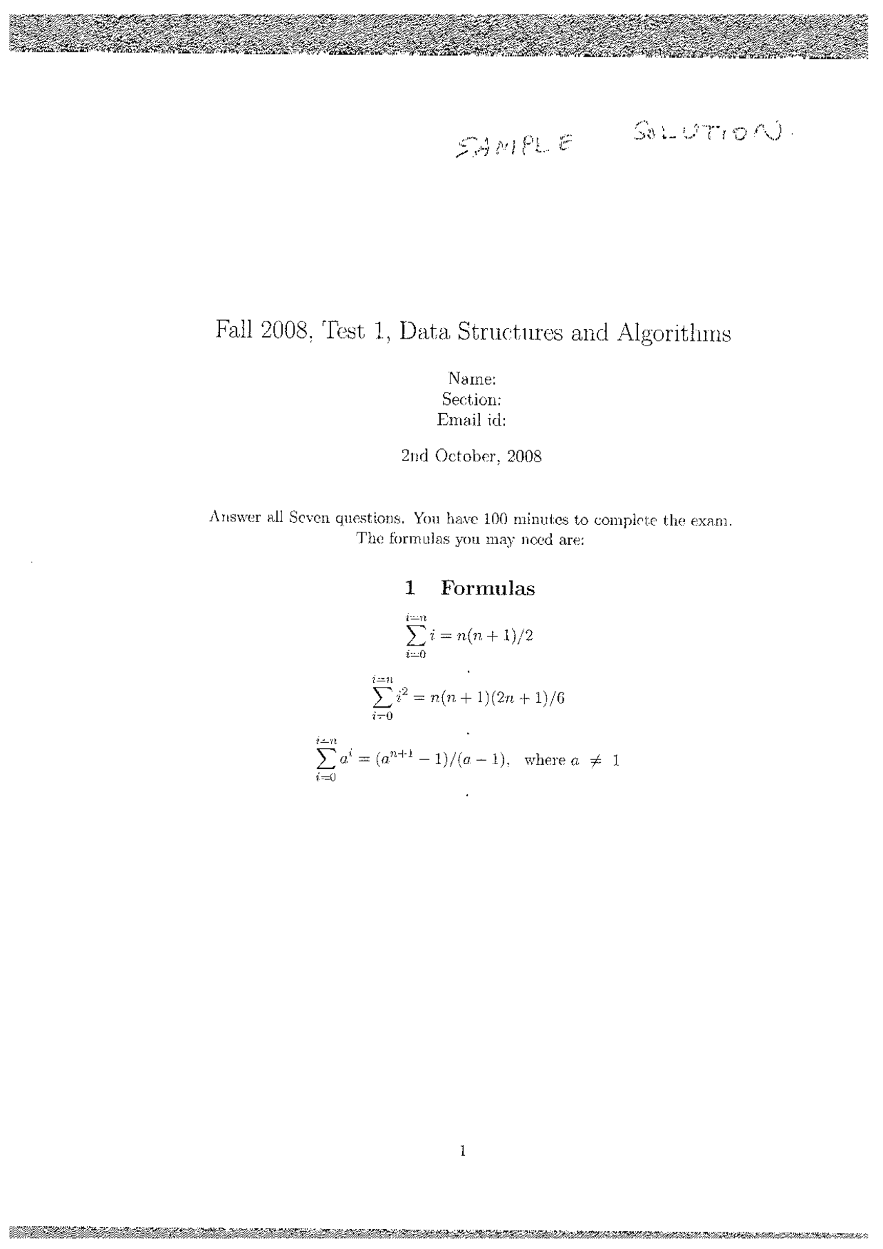 Exam 1 7 Questions On Introduction To Algorithms With Solutions Csci 2300 Docsity