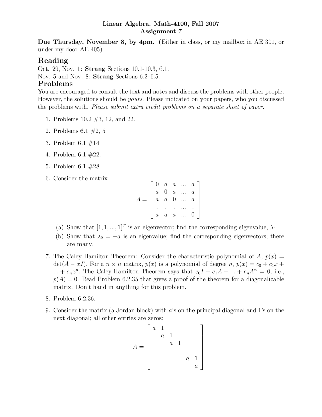 Linear Algebra Assignment 7 for Math-4100, Fall 2007 | Assignments ...