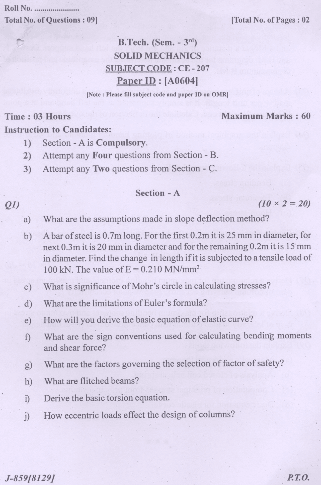 Solid Mechanics – Exam Paper – Civil Engineering – 3rd Semester - Docsity