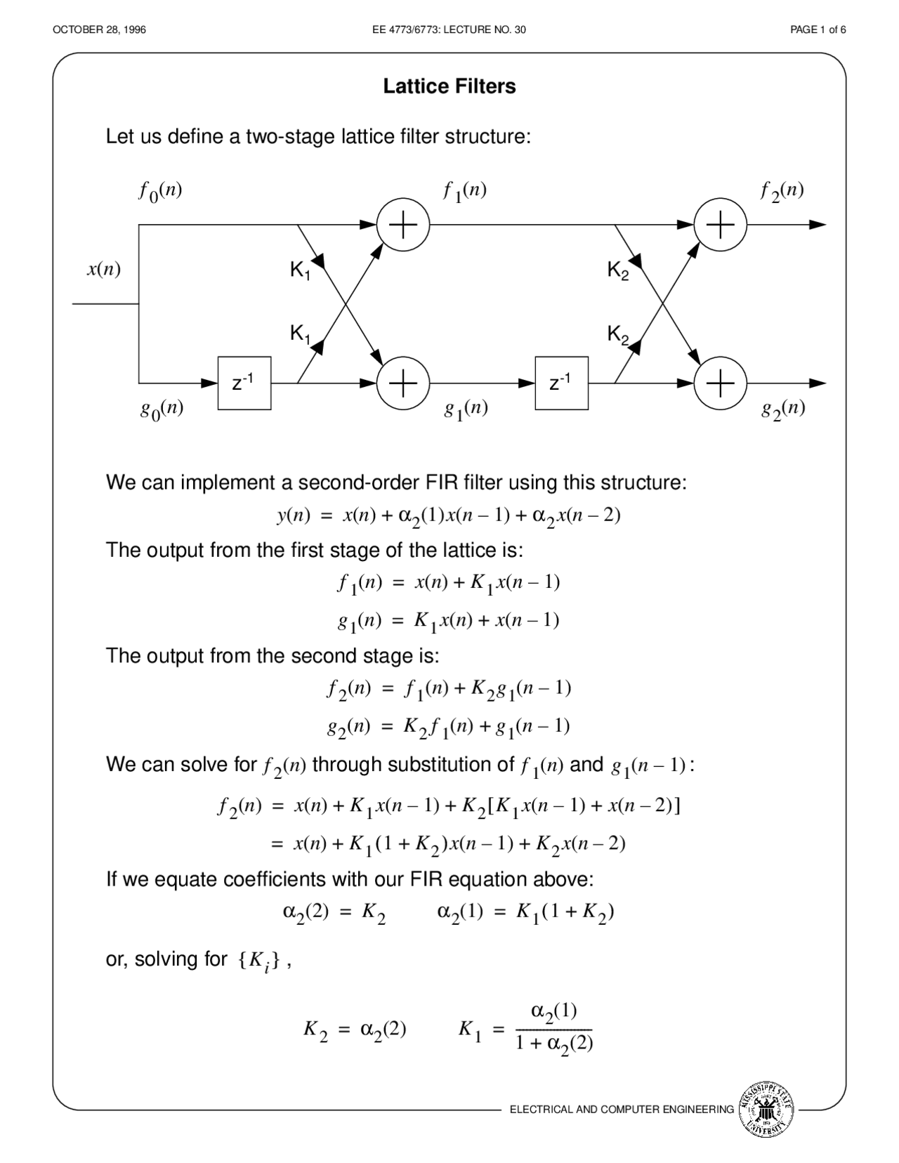 Lattice Filters-Digital Signal Processing-Lecture 30 Slides-Electrical ...