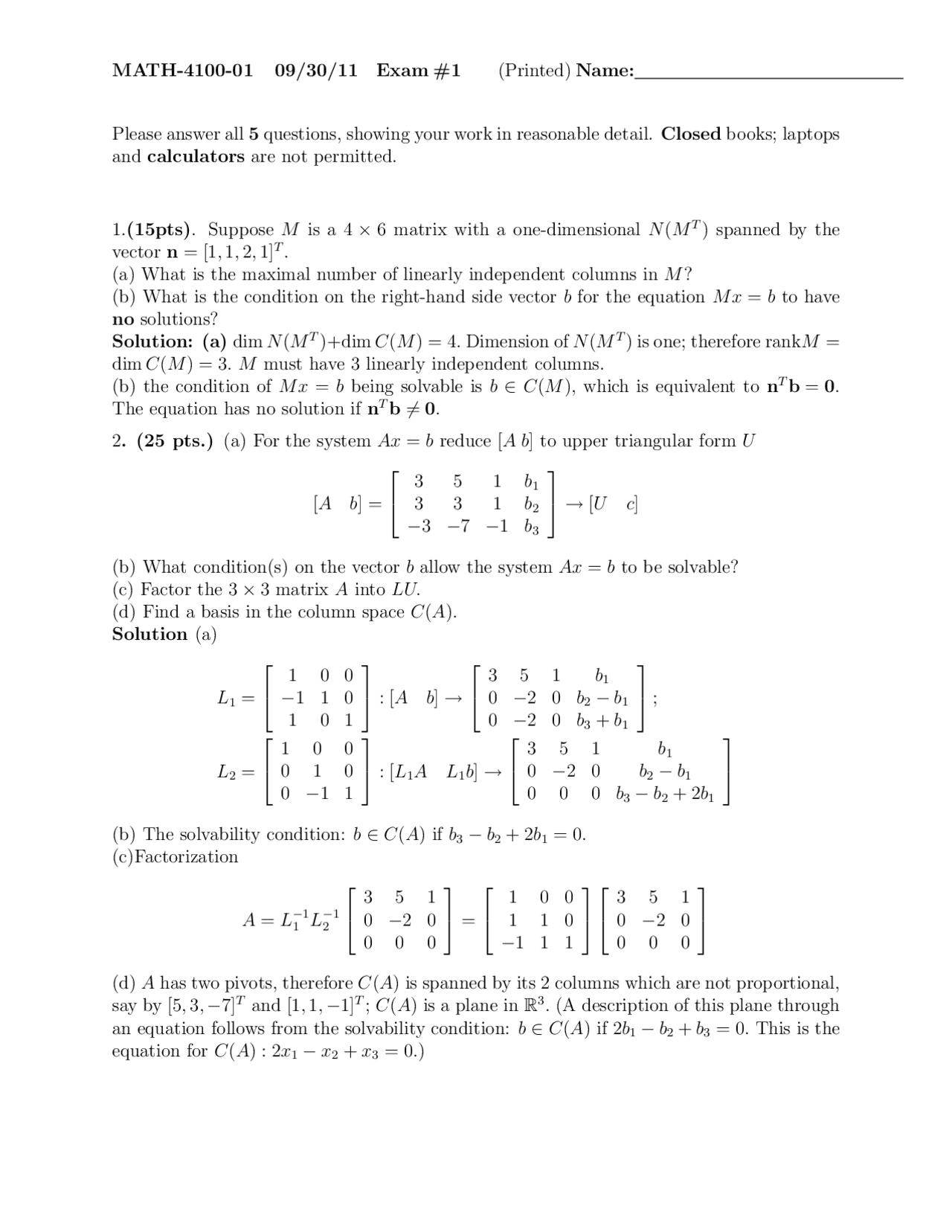 Exam 1 With Solution Linear Algebra Math 4100 Docsity