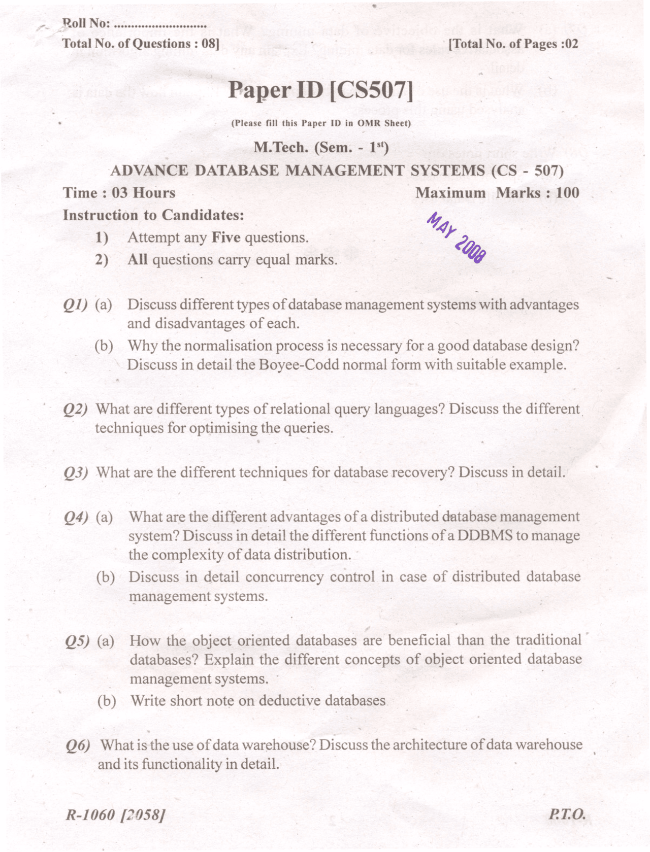 Advanced Computer Architecture Exam Paper 2008 Computer Science