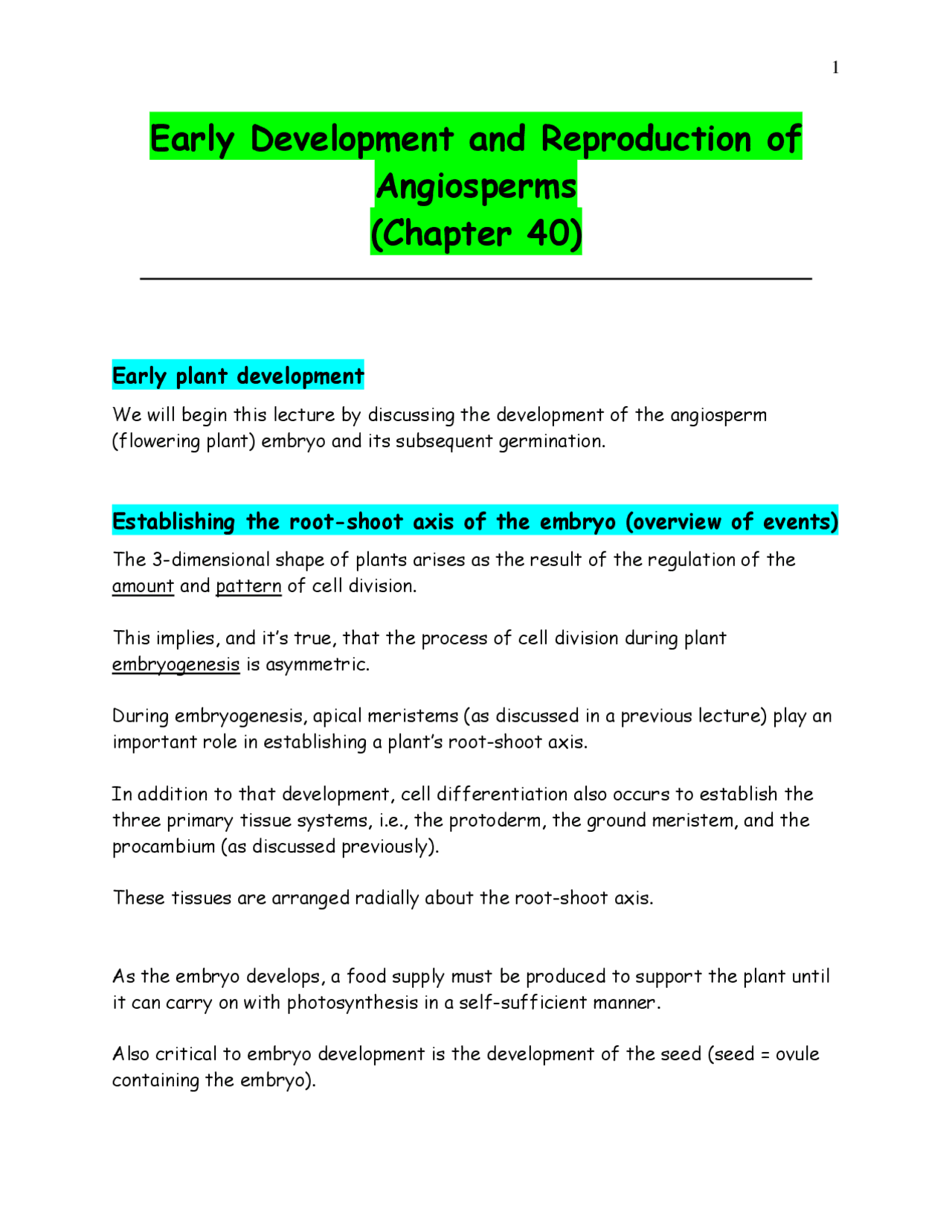 Early Development And Reproduction Of Angiosperms Lecture Notes
