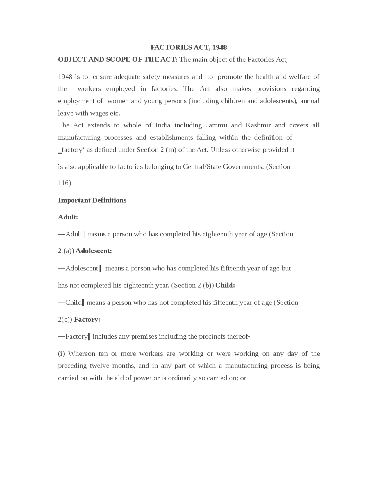 Employee Legislation - FACTORIES ACT, 1948 - Notes - Business ...