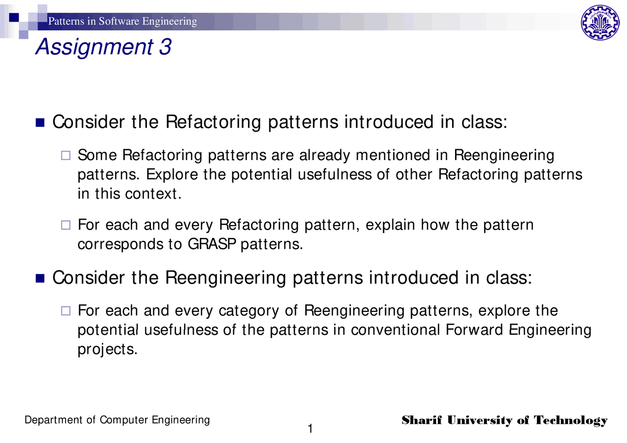 Refactoring Patterns Patterns In Software Engineering Assignment 7 Computer Engineering Raman