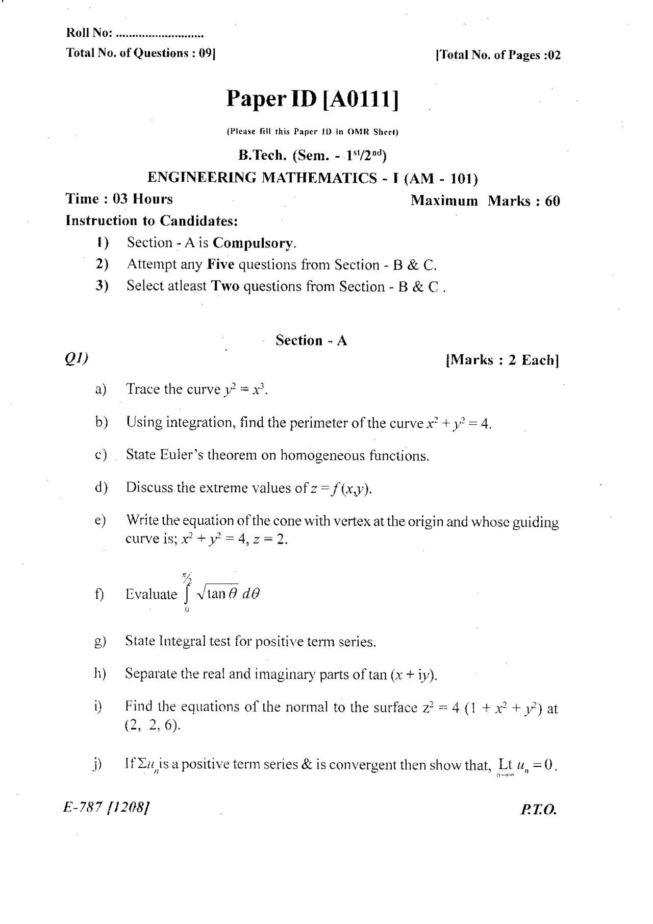 Engineering Mathematics Exam Paper Engineering 3rd Semester Docsity