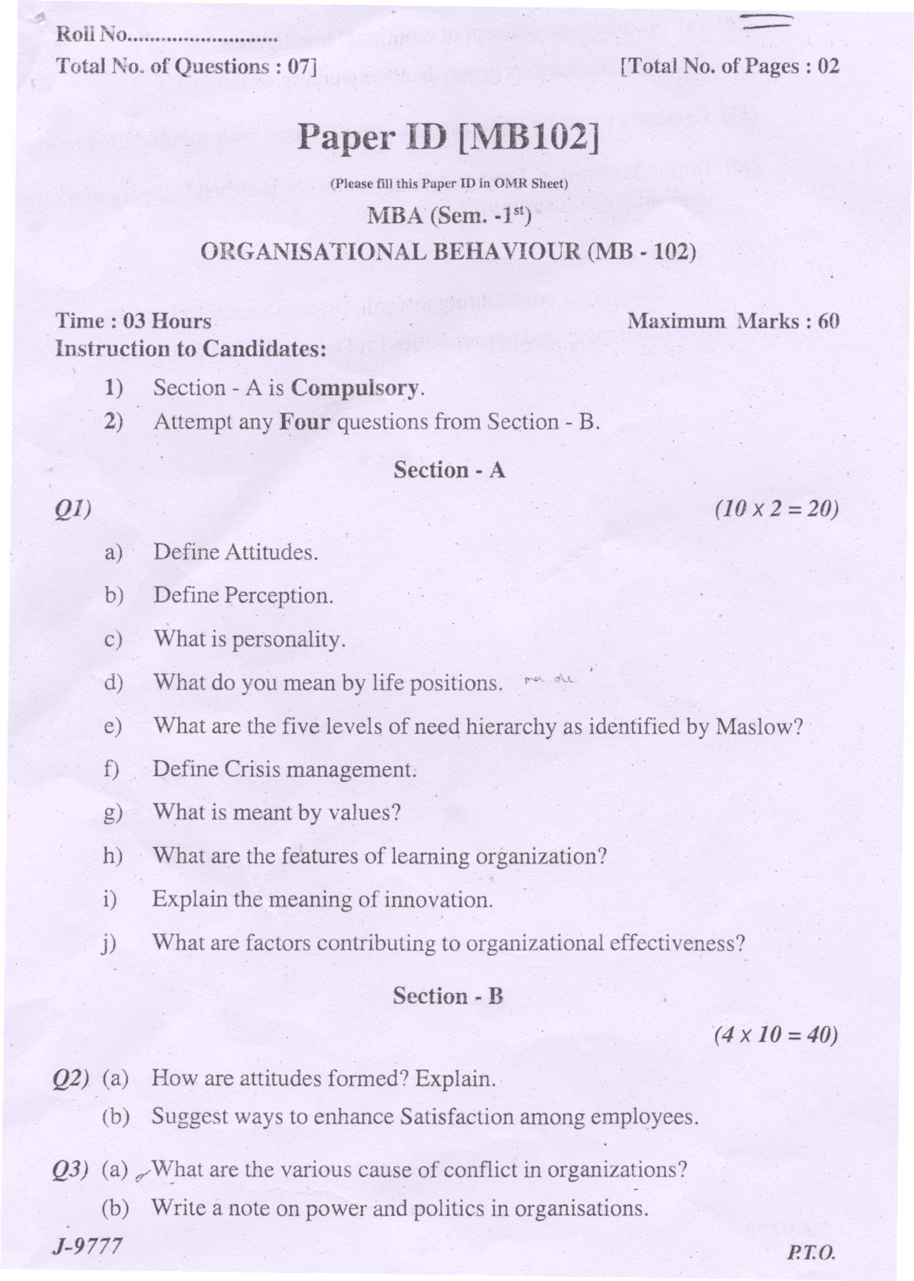 Organisational Behavior Exam Paper Business Administration 1st