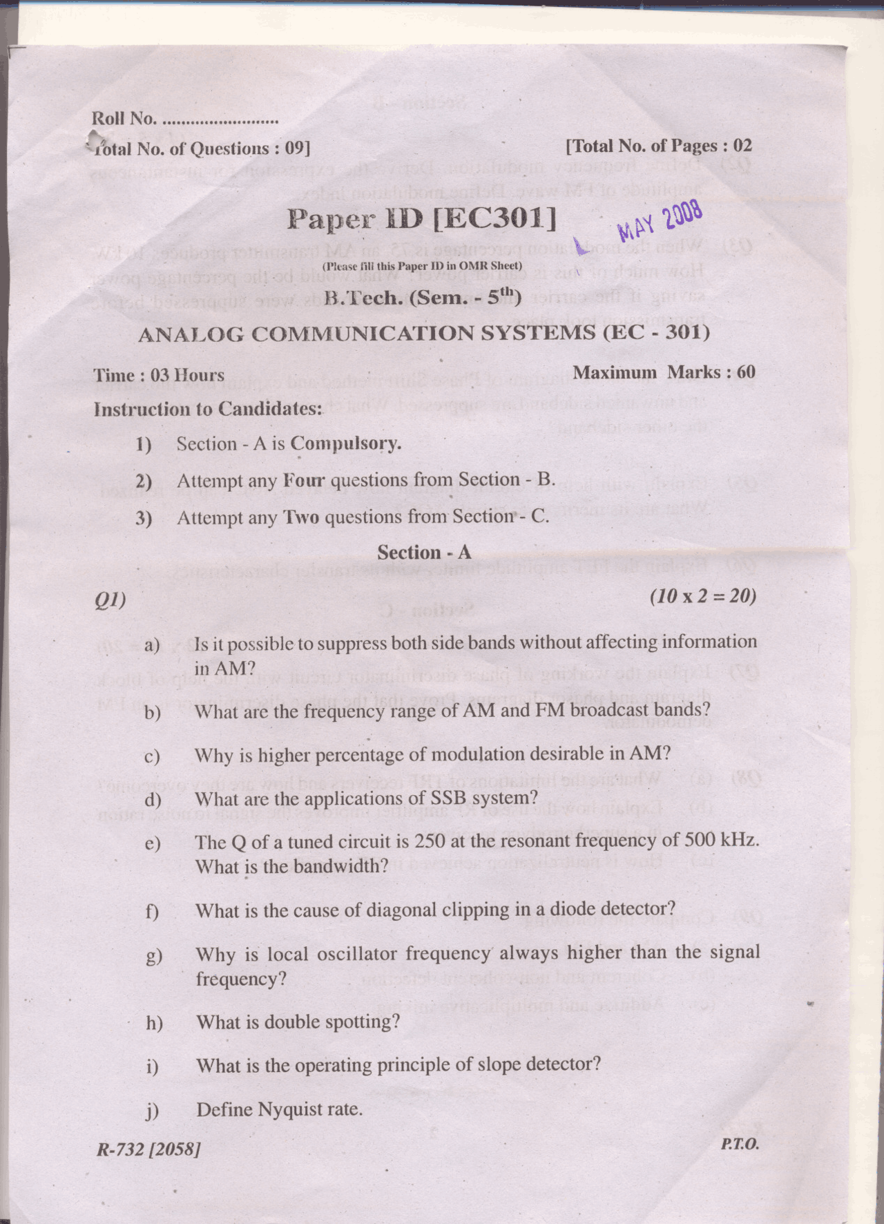 Analog Communication Systems Exam Paper May 2008 Electronics And