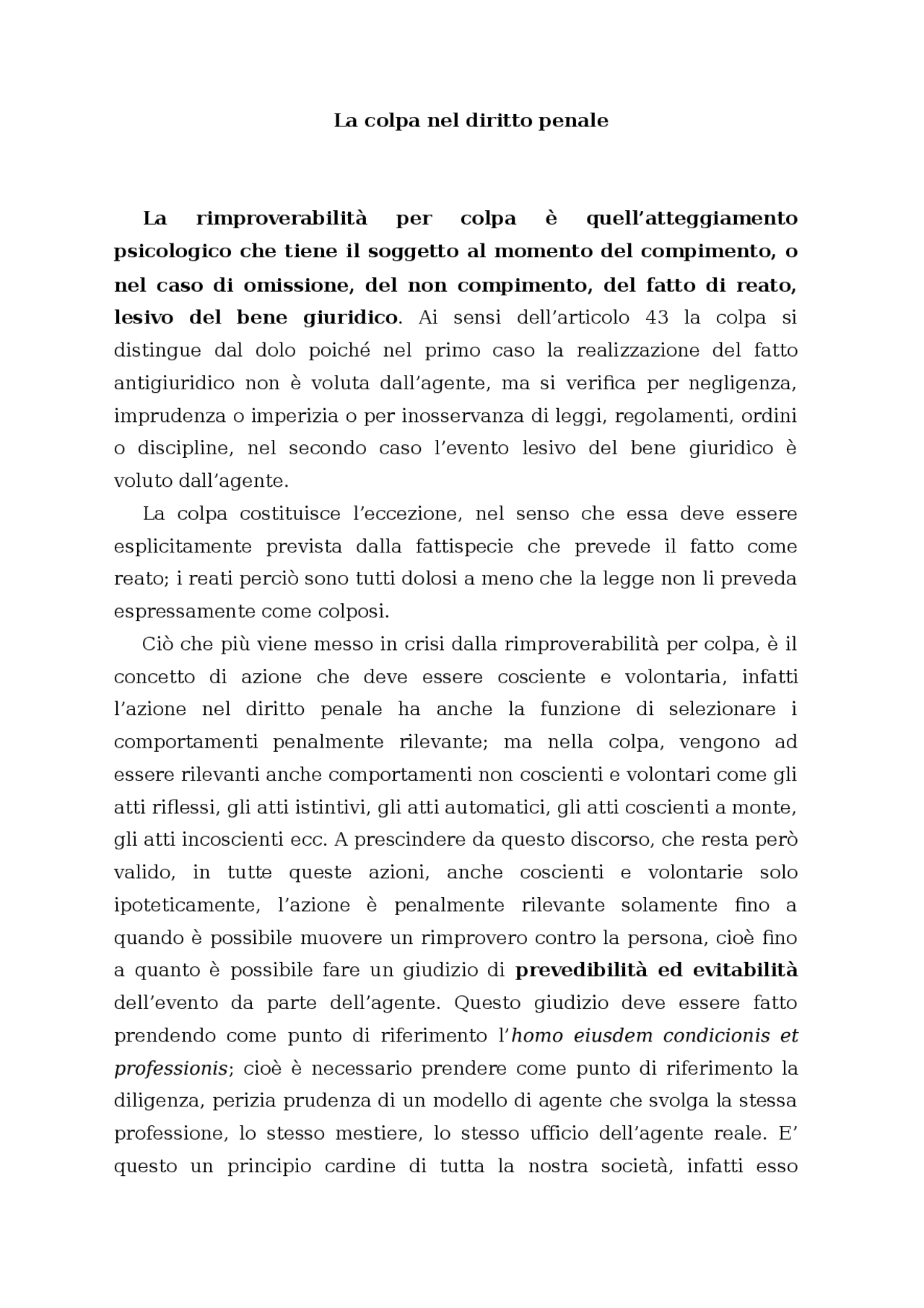 La Colpa Nel Diritto Penale Appunti Di Diritto Penale Docsity
