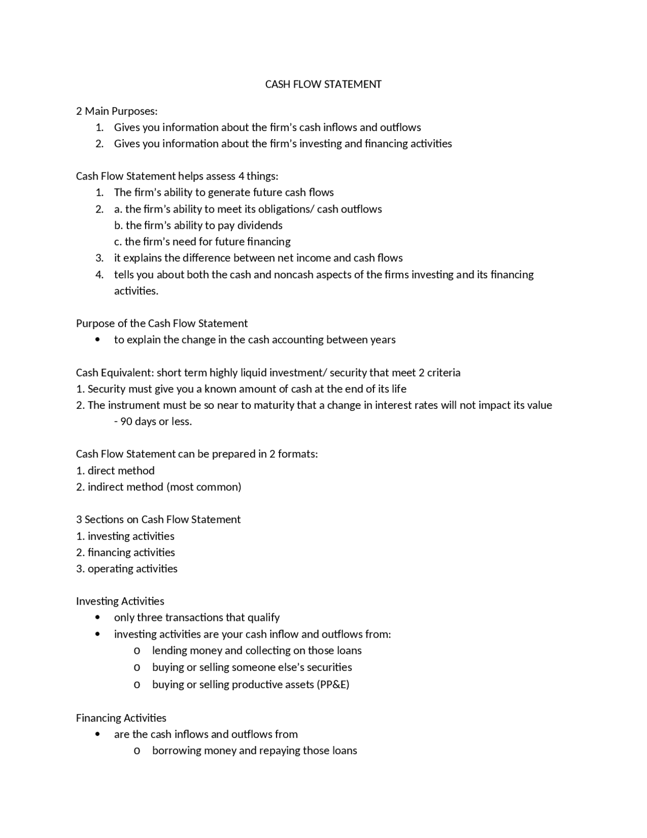 Notes for Cash Flow Statement | Liquidity and Working Capital ...