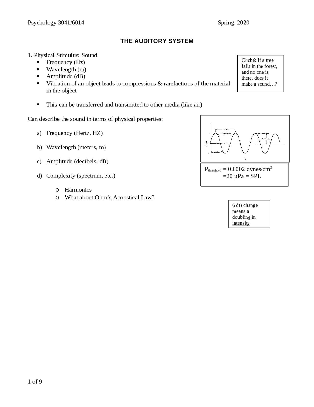 Notes On The Auditory System Human Sensation And Perception Psyc