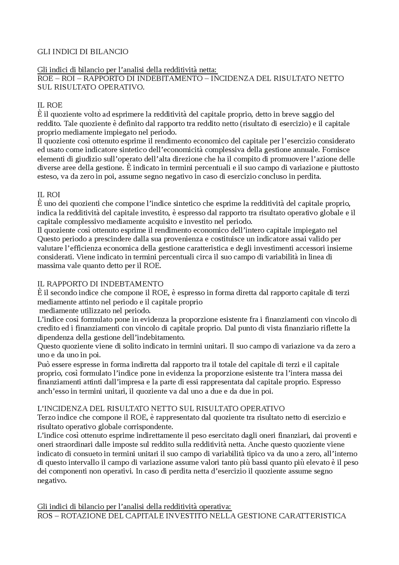 Gli Indici Di Bilancio Docsity