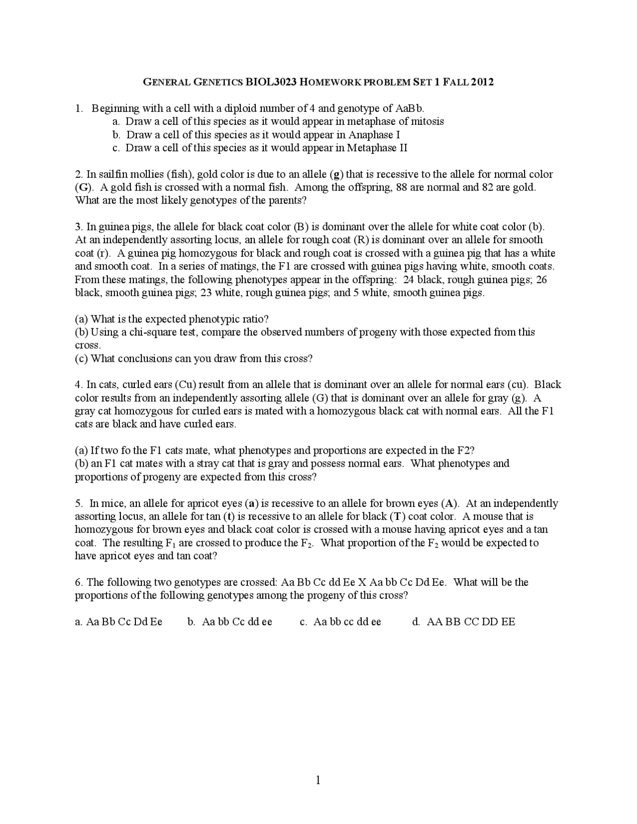 10 Questions with Answers Sheet on General Genetics - Quiz 1 | BIOL ...