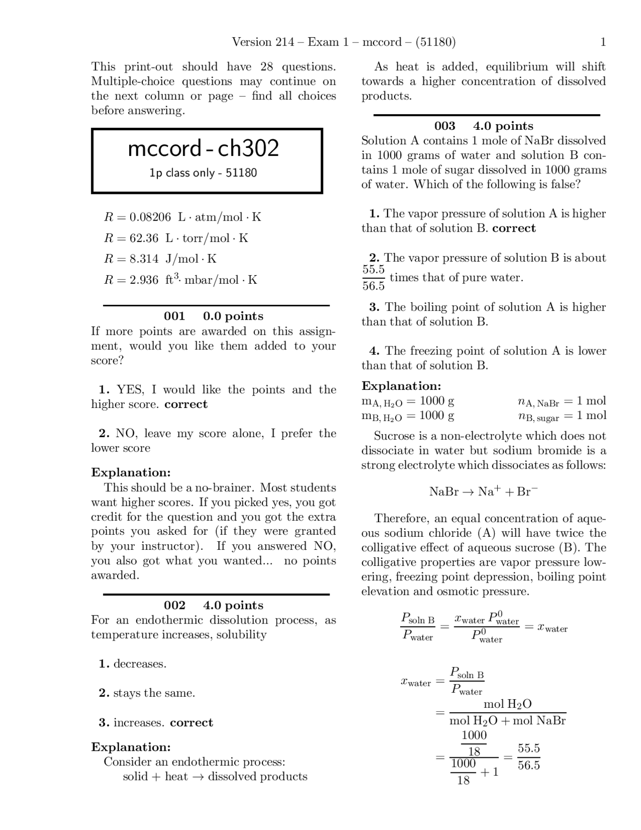 Exam 1 With Solution Key Principles Of Chemistry Ii Ch 302 Docsity