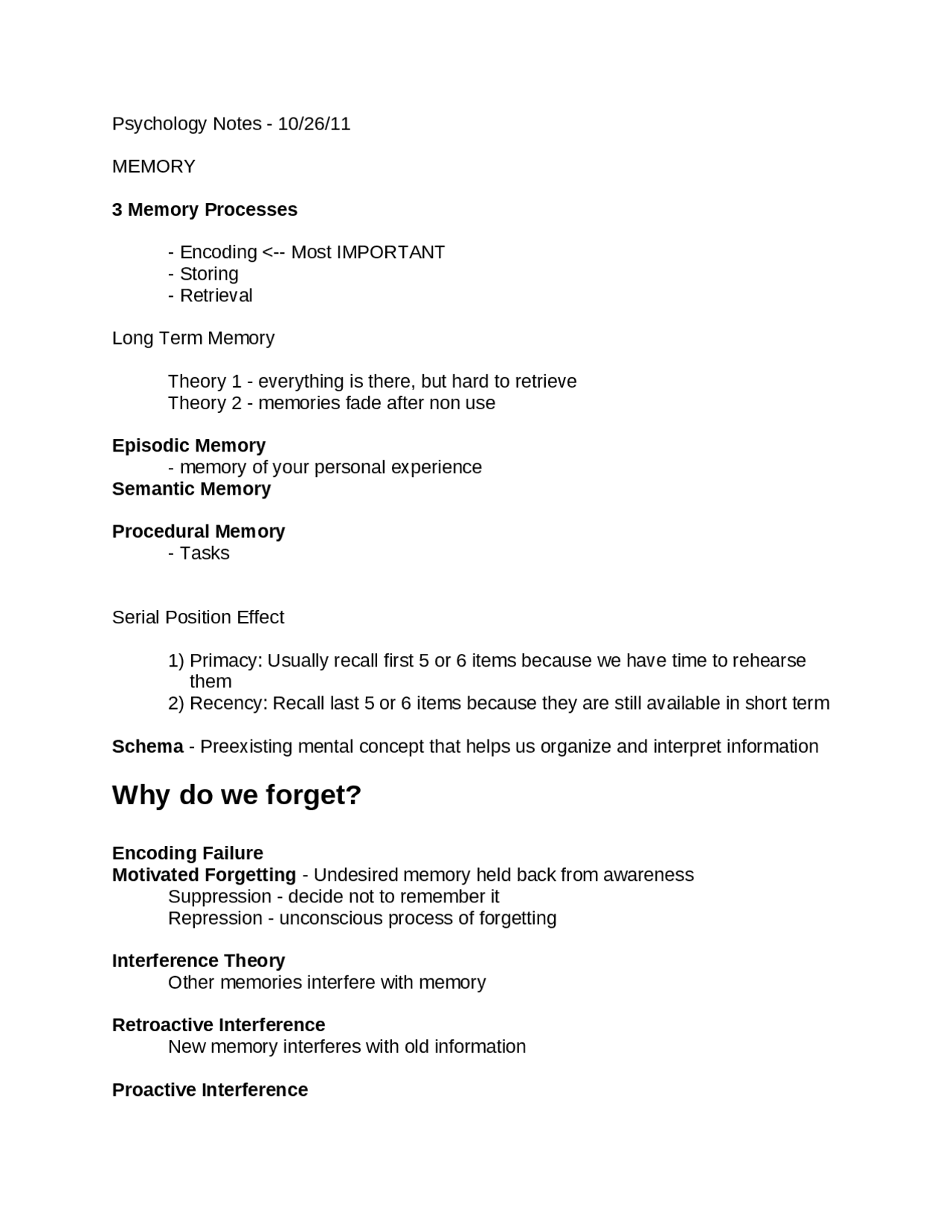 Note On Memory General Psychology Psy 1410 Docsity