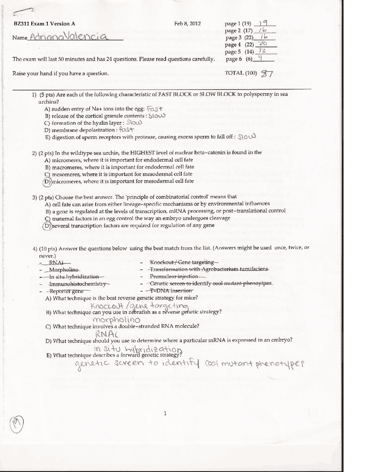 Exam 1A with Answer Key - Developmental Biology Laboratory | BIO 311 ...