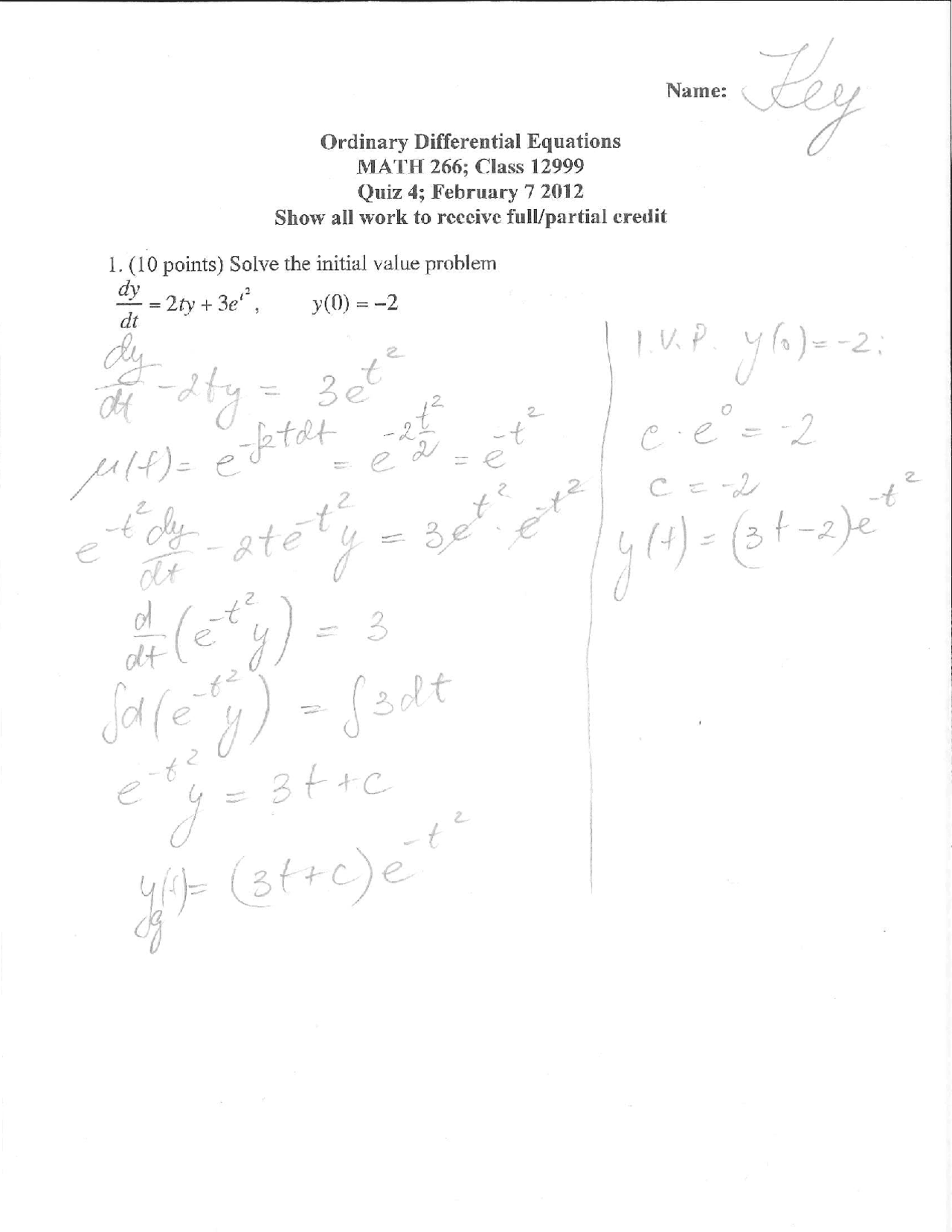 Solved Quiz 4 For Ordinary Differential Equations Math 26600 Docsity