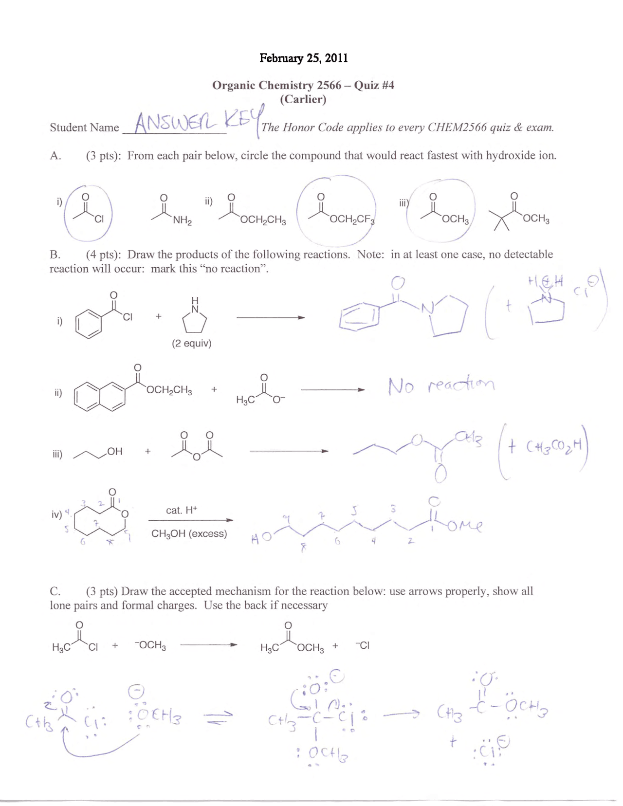 Principles of Organic Chemistry - Quiz 4 with Answer Key | CHEM 2566 ...