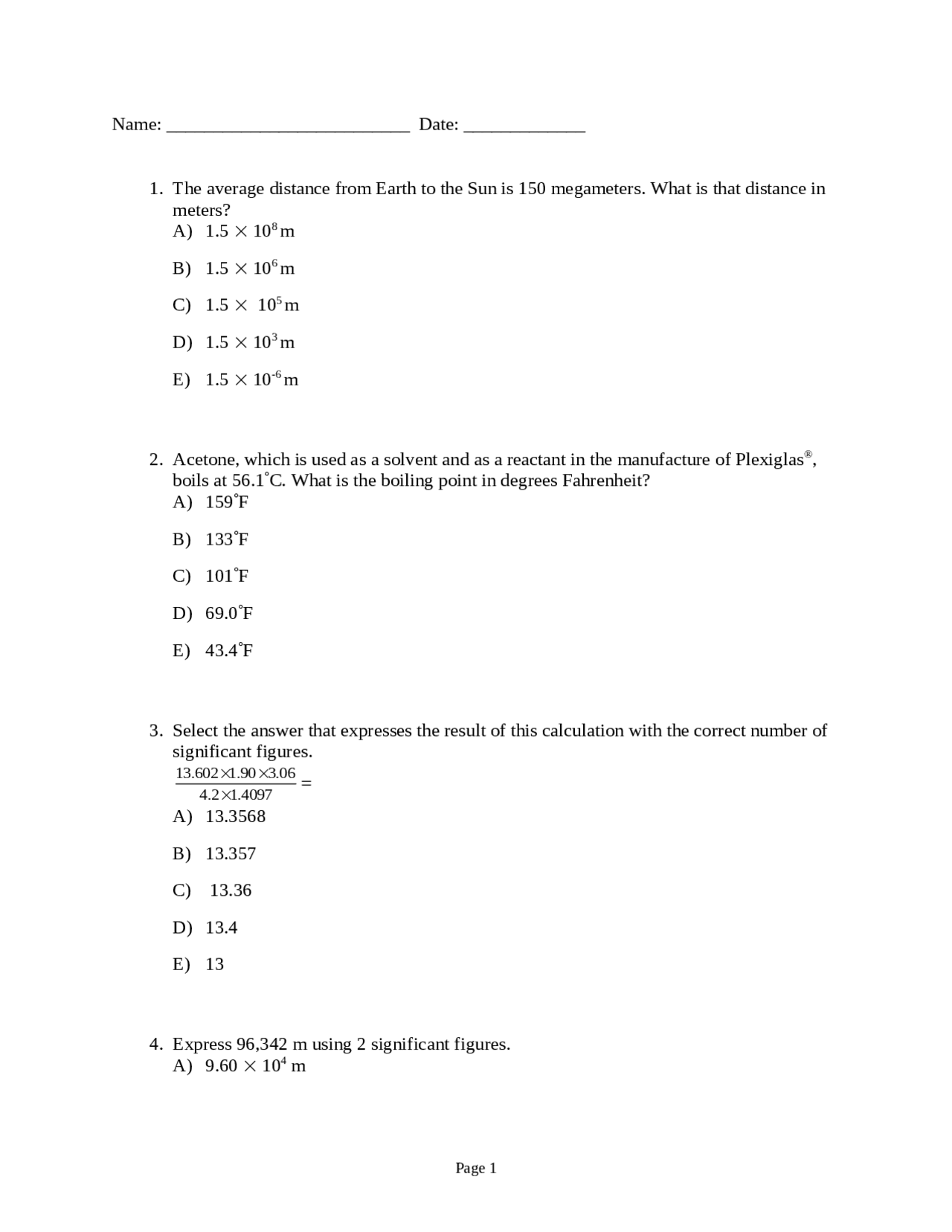 Exam - 20 Questions on General Chemistry with Answer key | CHEM 1110 ...