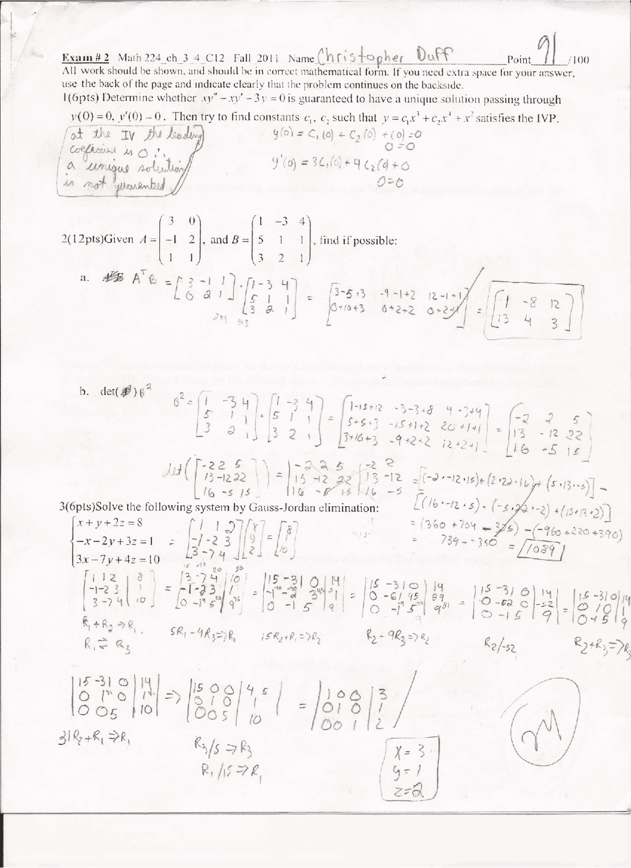 Solved Midterm Exam 2 Elementary Linear Algebra And Differential