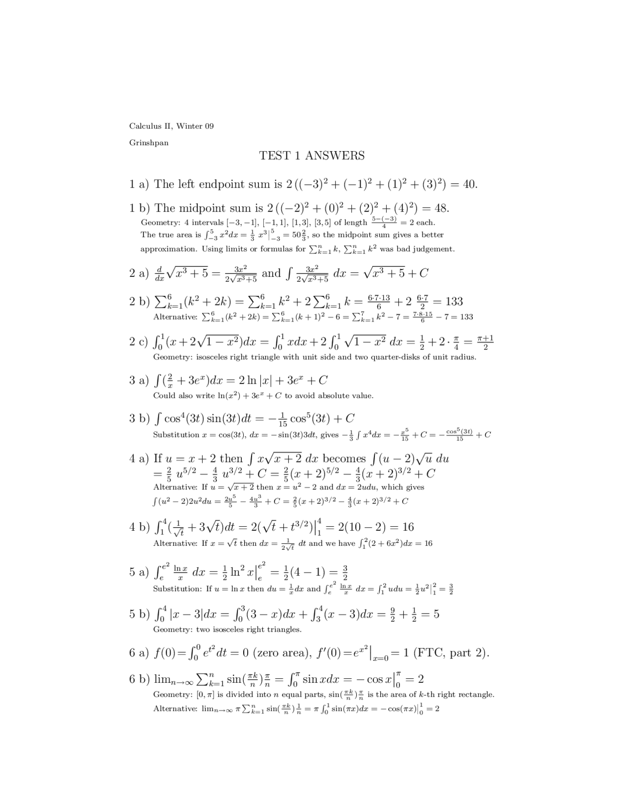 Test 1 with Answers - Calculus II | MATH 122 - Docsity