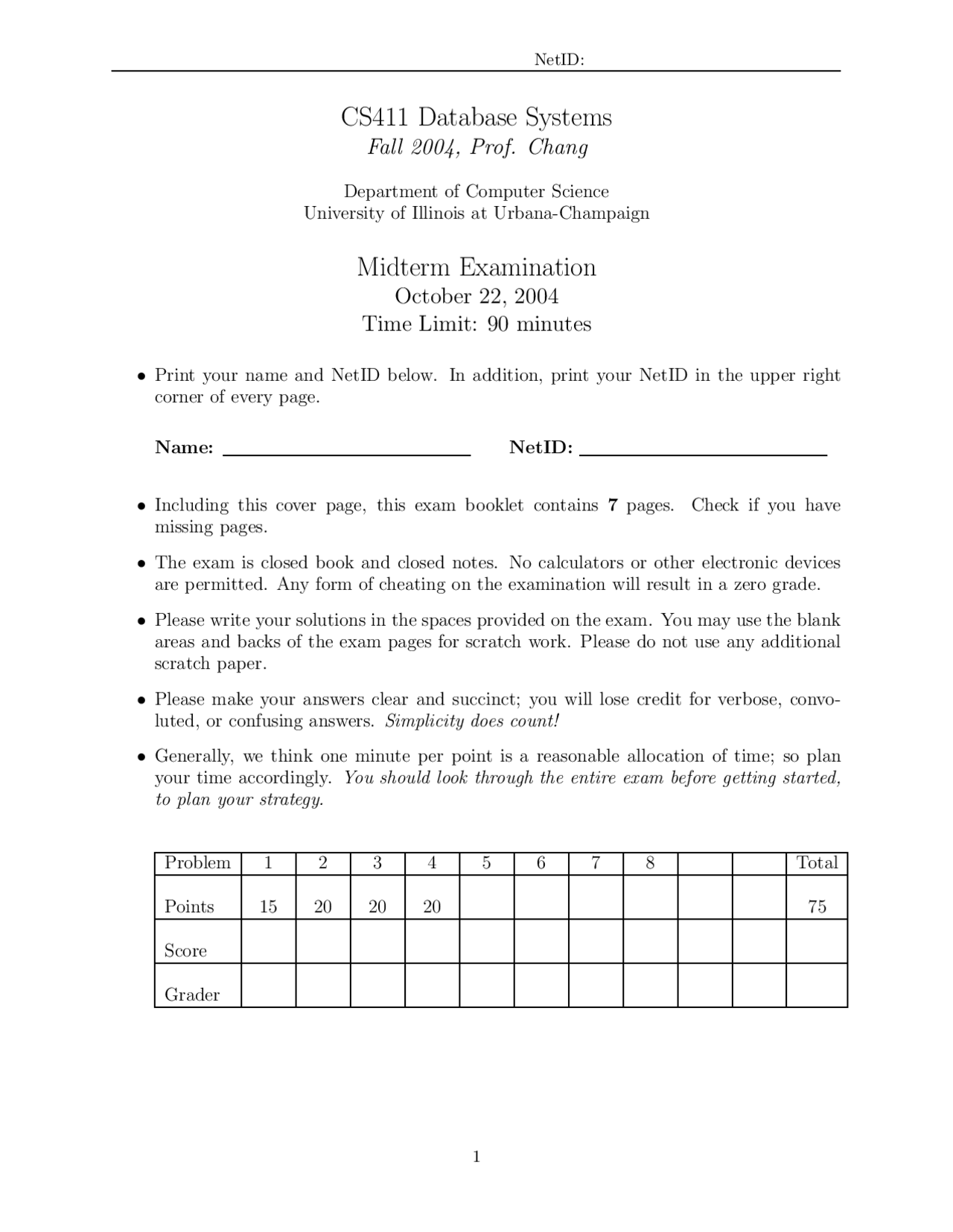 4 Problems On Database Systems Midterm Examination Fall 2004 Cs