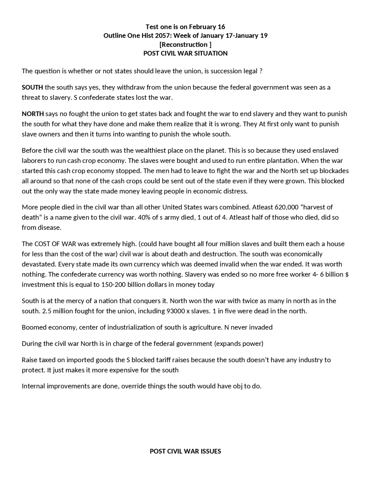 Notes on History - Post Civil War Situation | HIST 2057 | Study notes ...