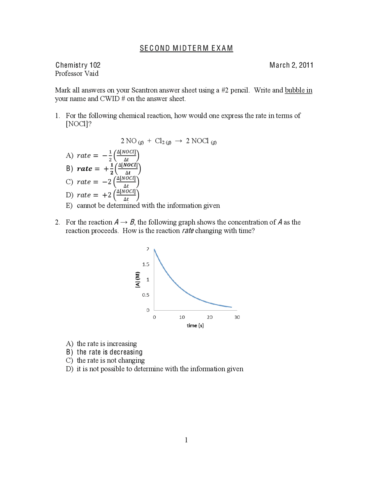 Midterm Exam 2 - General Chemistry | CH 102 | Exams Chemistry | Docsity
