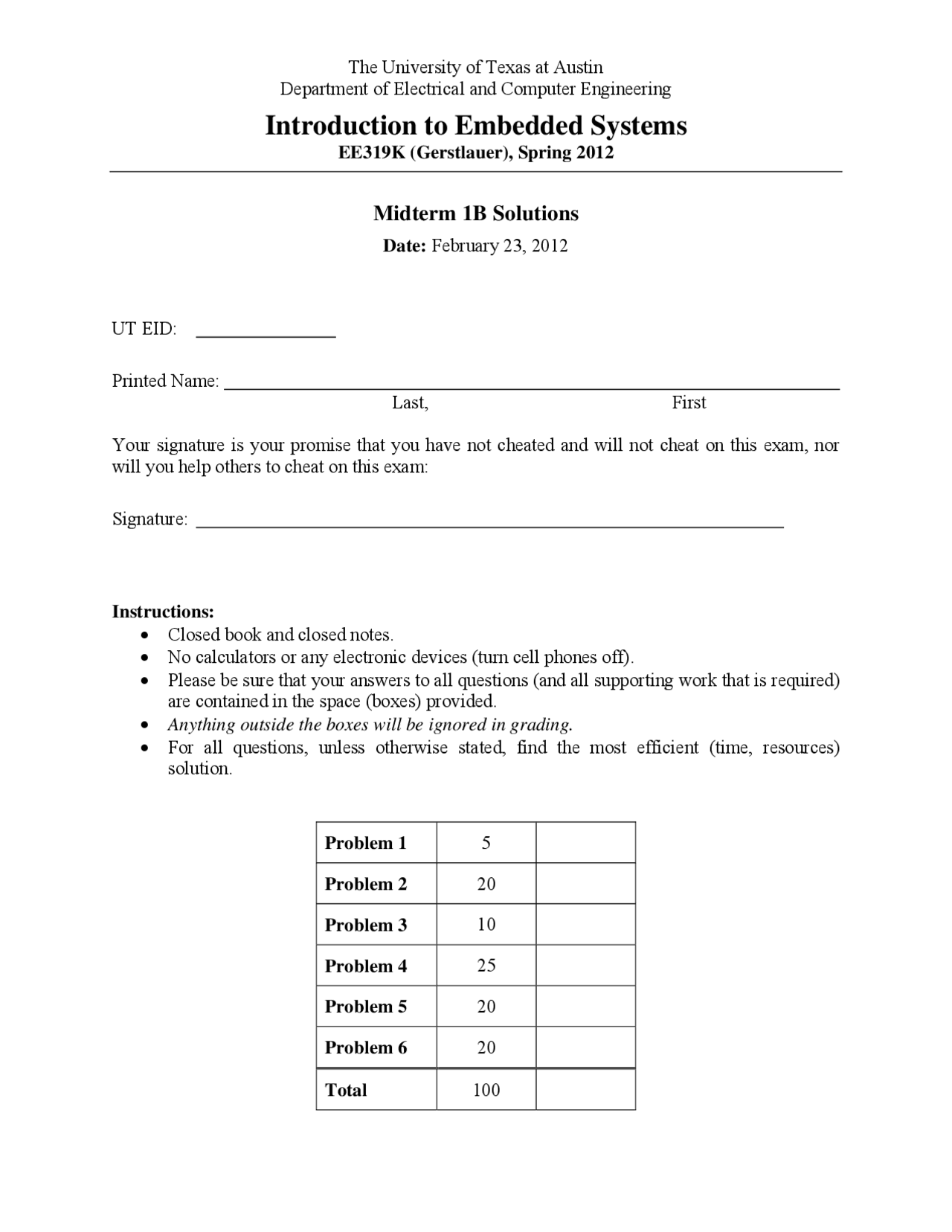 Midterm Exam Solution For Introduction To Embedded Systems E E 319k
