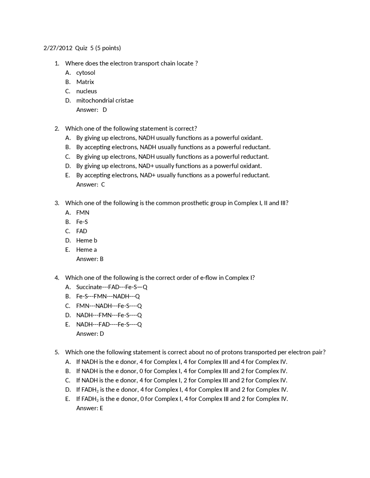 Quiz 5 Solution Key General Biochemistry Ii Bchm 56200 Docsity