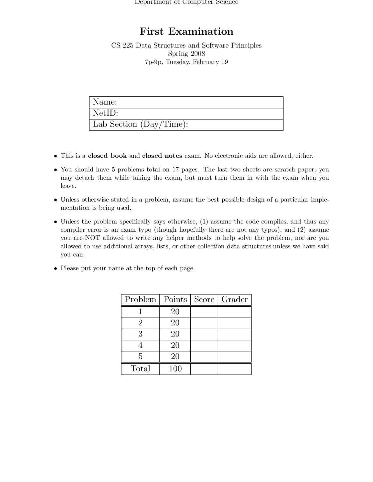 Solutions for Exam 1 - Data Structures - Spring 2008 | CS 225 - Docsity