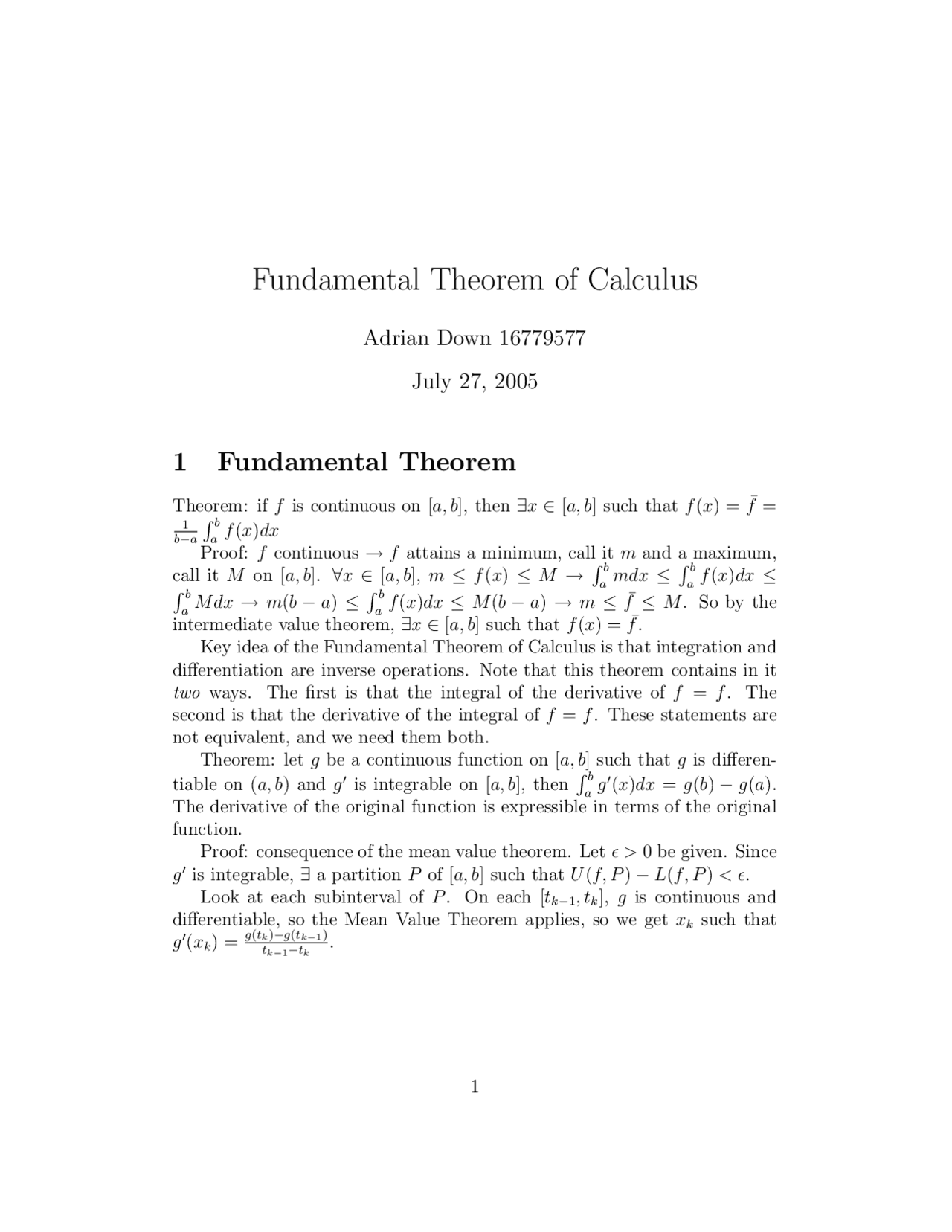Fundamental Theorem Of Calculus Essay Mathematics Prof Adrian