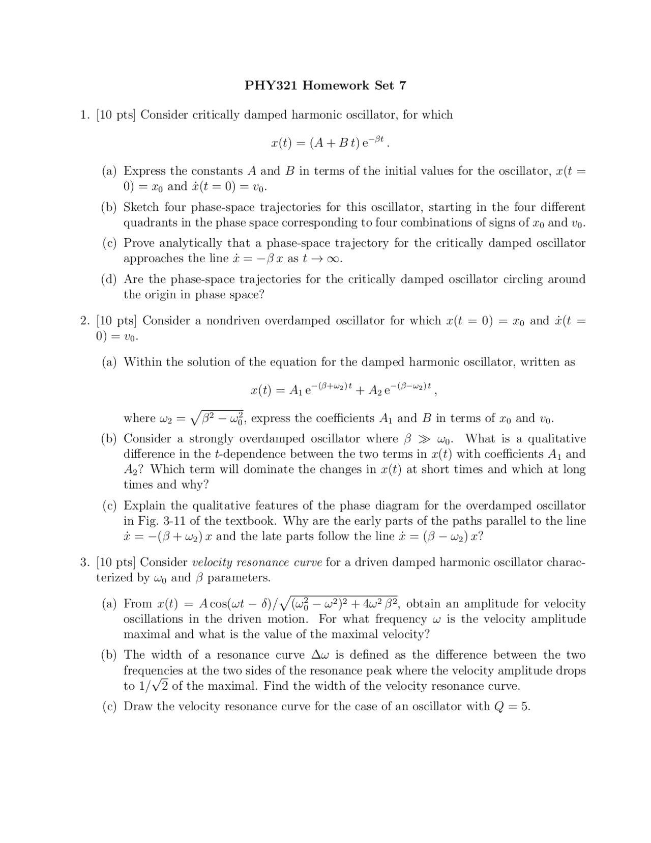 Homework Set 7 | Classical Mechanics I | PHY 321 - Docsity