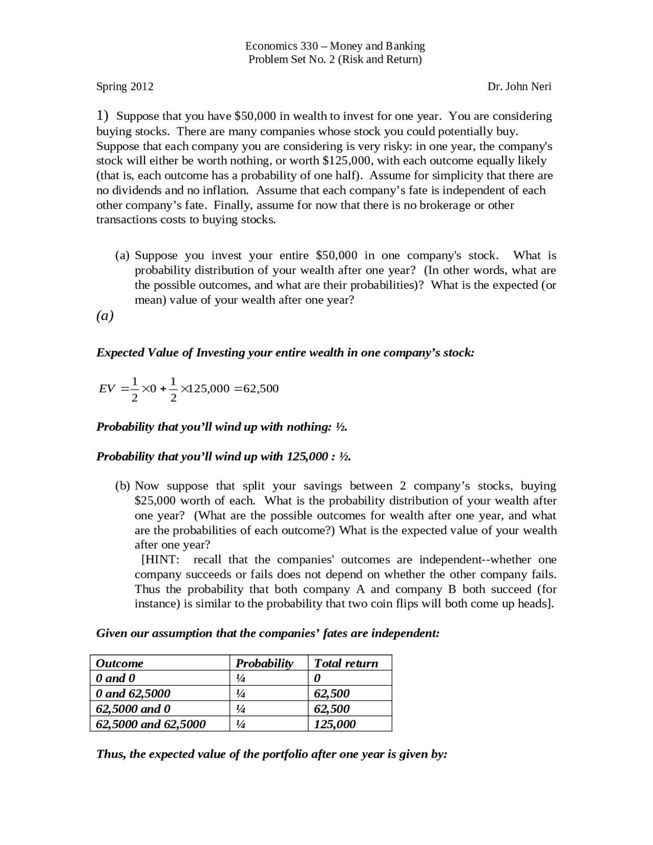 Problem Set 2solutions Money And Banking Econ 330 Docsity