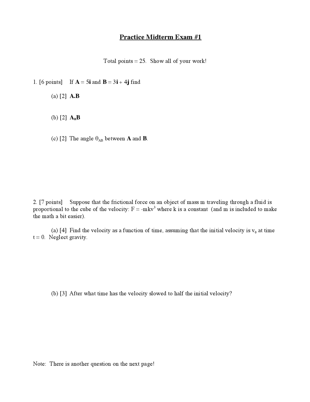 Practice Midterm Exam 1 - Classical Mechanics I | PHY 321 - Docsity