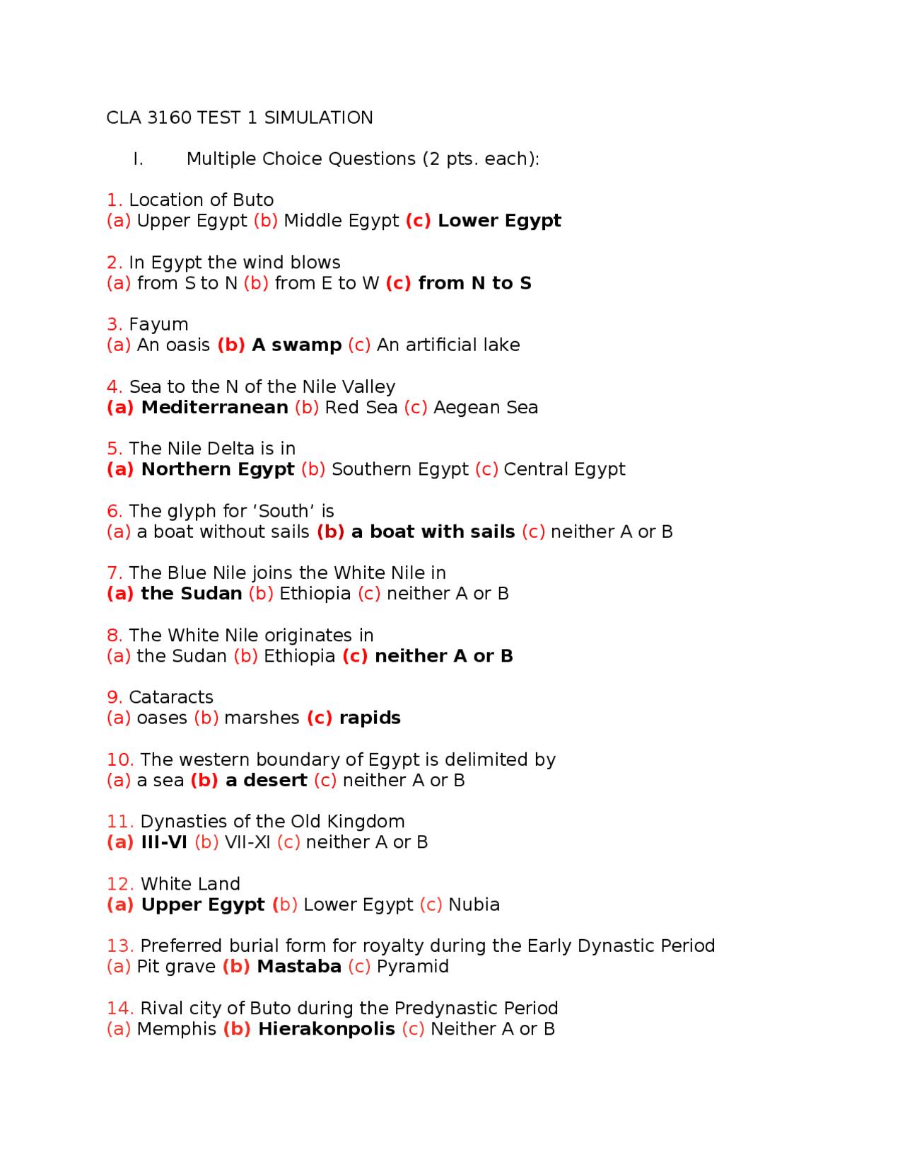 Test 1 Simulation | Ancient Egypt | CLA 3160 - Docsity
