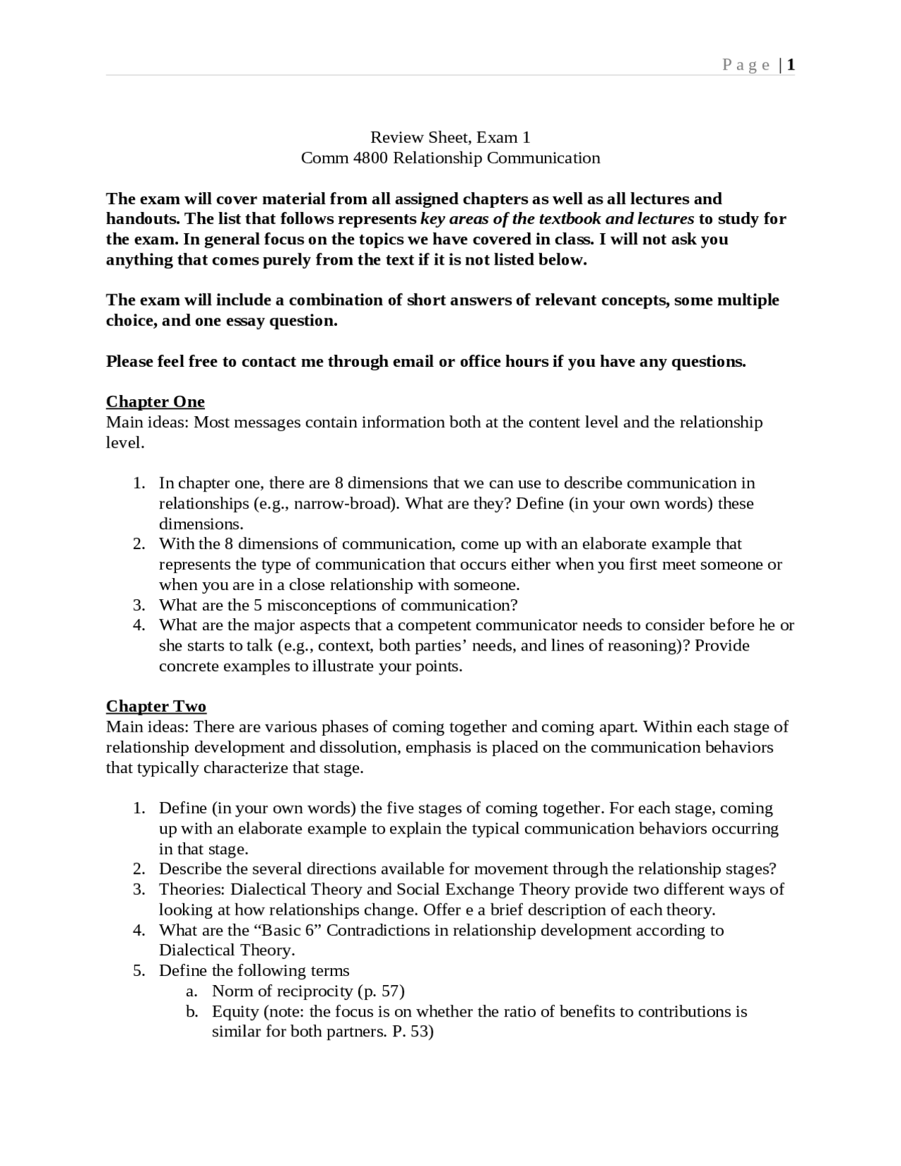 Relationship Communication Review Sheet Exam 1 Comm 4800 Docsity
