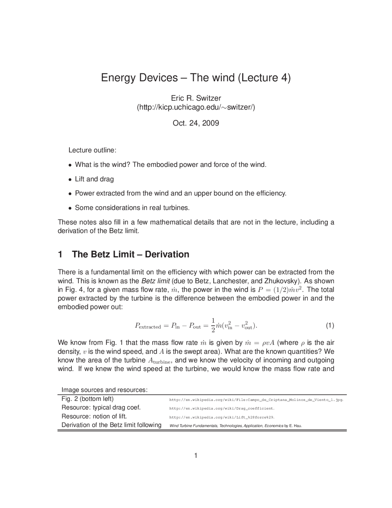 The Wind-The Physics of Energy Devices-Lecture 4 Notes-Physics - Docsity