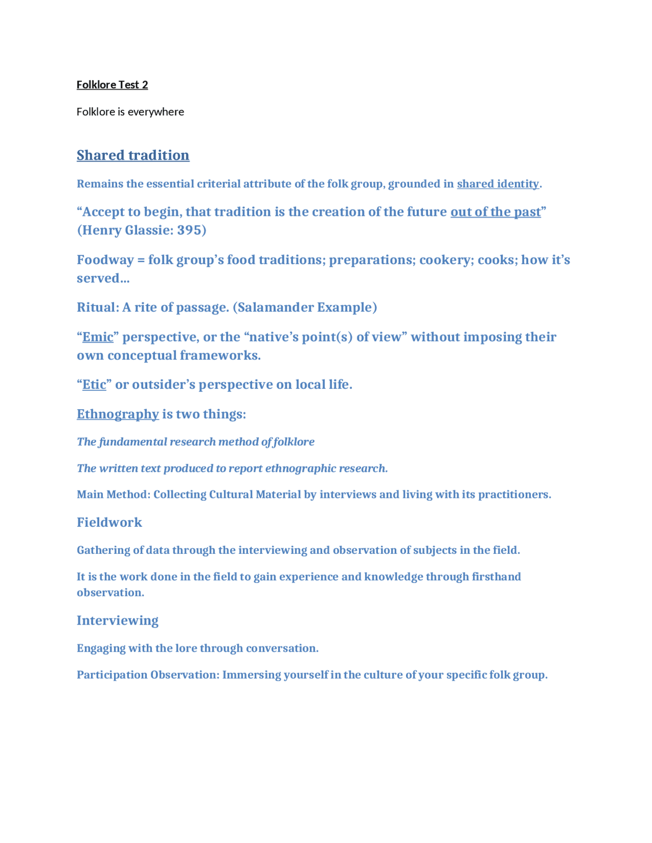 Introduction to Folklore - Notes for Test 2 | FOLK - Docsity