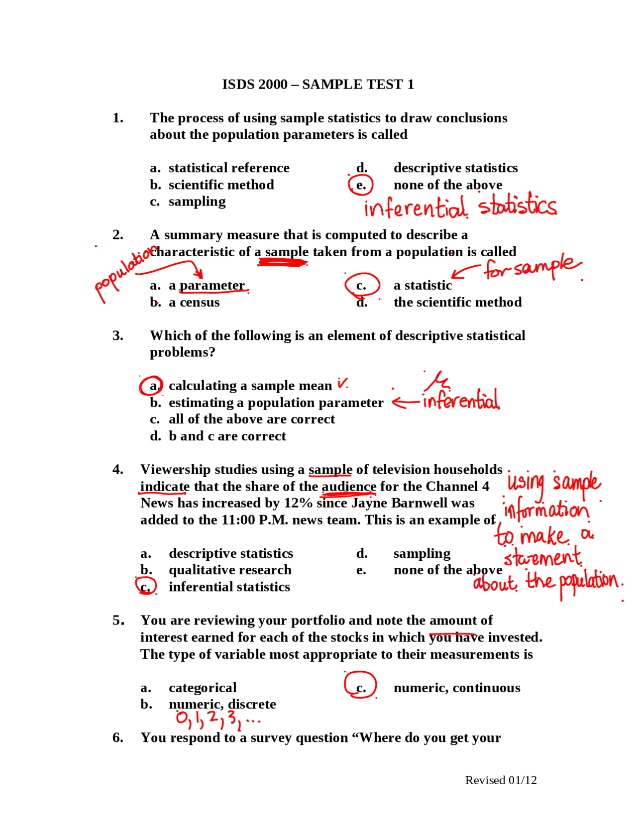 Introduction To Business Statistics Past Test 1 Isds 2000 Docsity