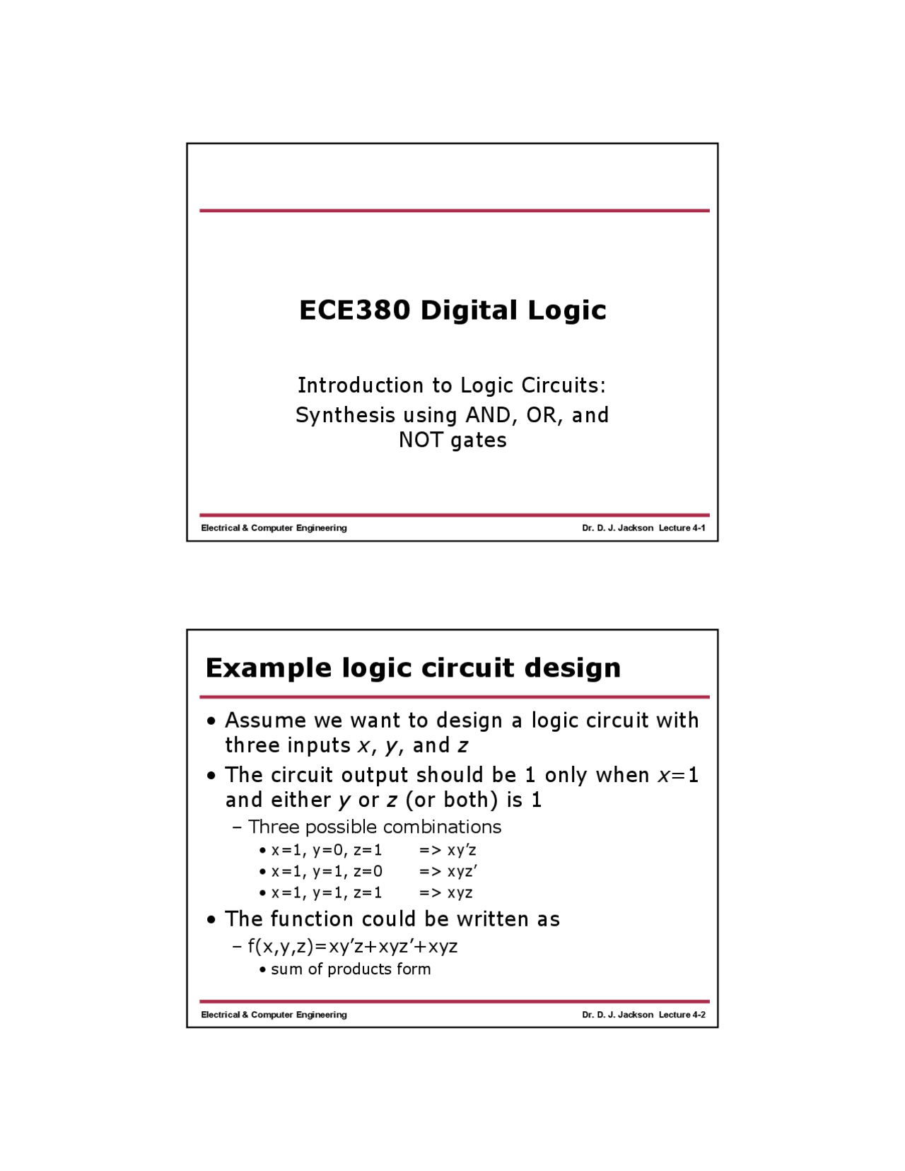 Logic Circuits Digital Logic Lecture 04 Slides Electrical And Computer Engineering Slides 