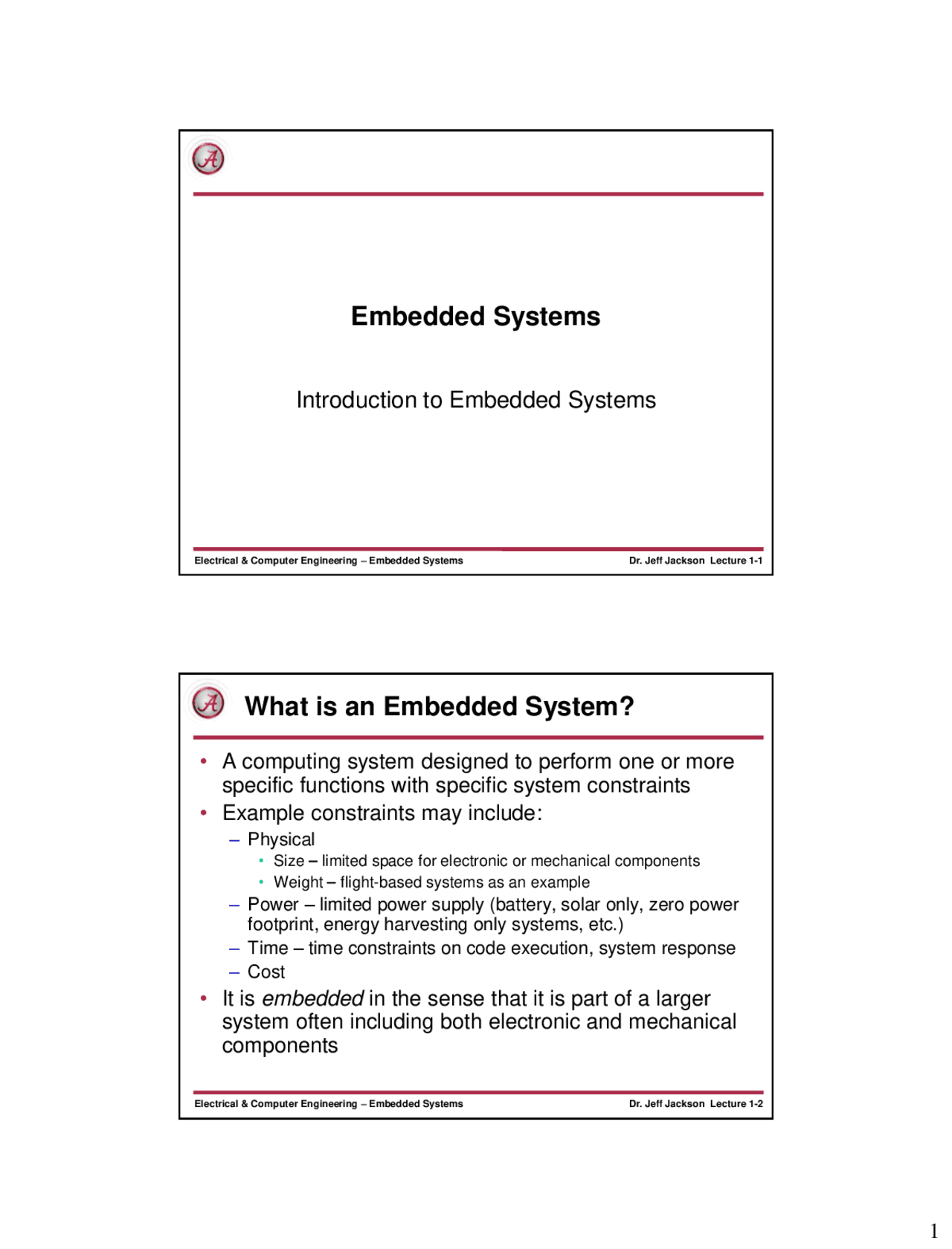 Introduction Embedded Systems Lecture 01 Slides Electrical And Computer Engineering Docsity