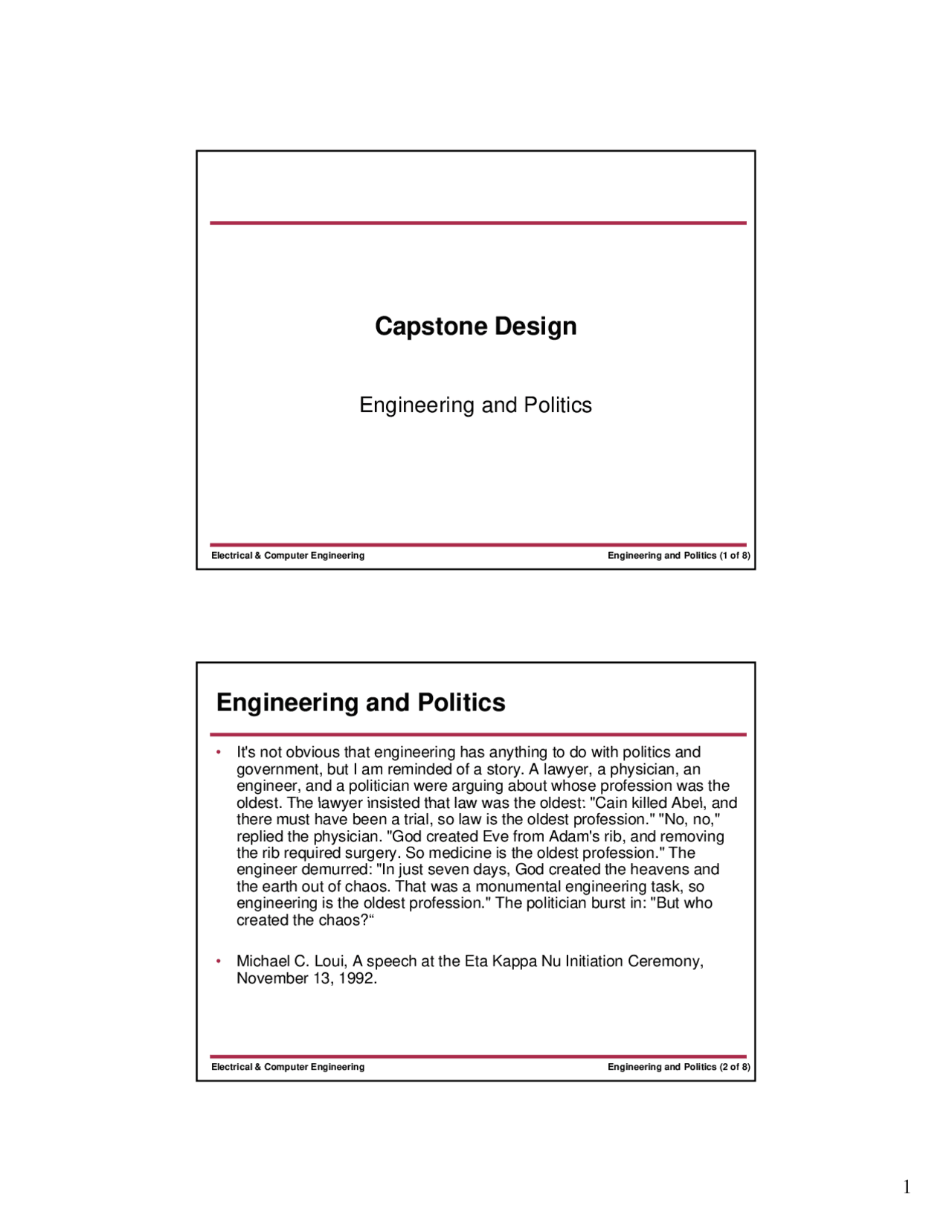 Politics-Capstone Design-Lecture 19 Slides-Electrical and Computer Engineering - Docsity